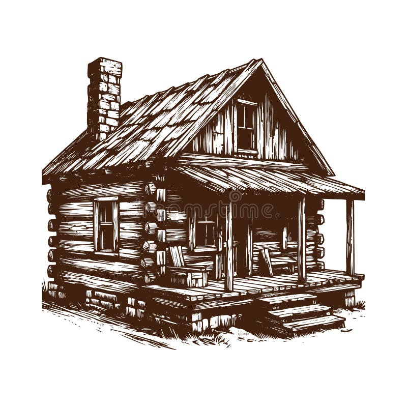 Abandoned Western Cabin – Black and White Vector Illustration of Rustic ...