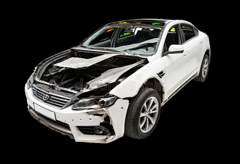 Abandoned White Car with Exposed Engine and Structural Damage on a ...