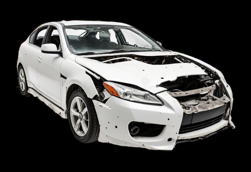 Abandoned White Sedan Car with Exposed Engine and Missing Parts on ...