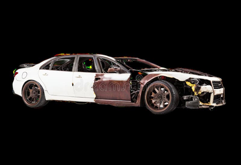 Abandoned White Sedan with Rust Damage and Missing Door on Transparent ...