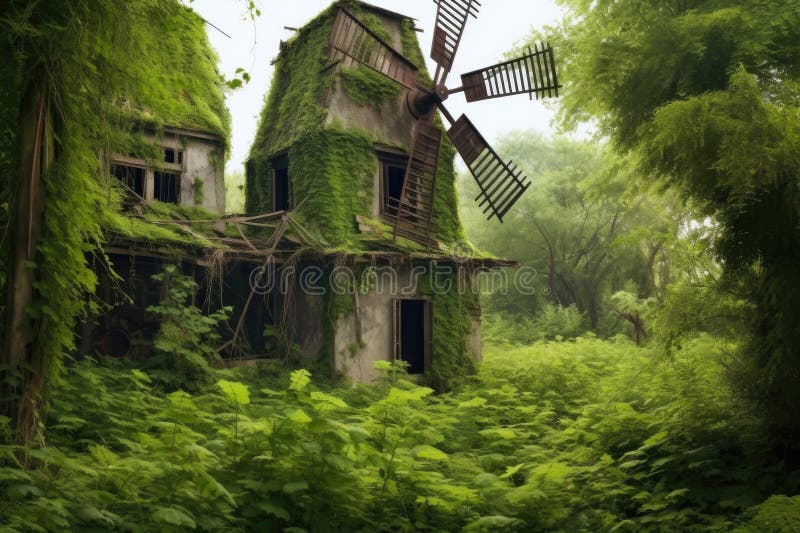 Abandoned Windmill among Overgrown Greenery Stock Illustration ...
