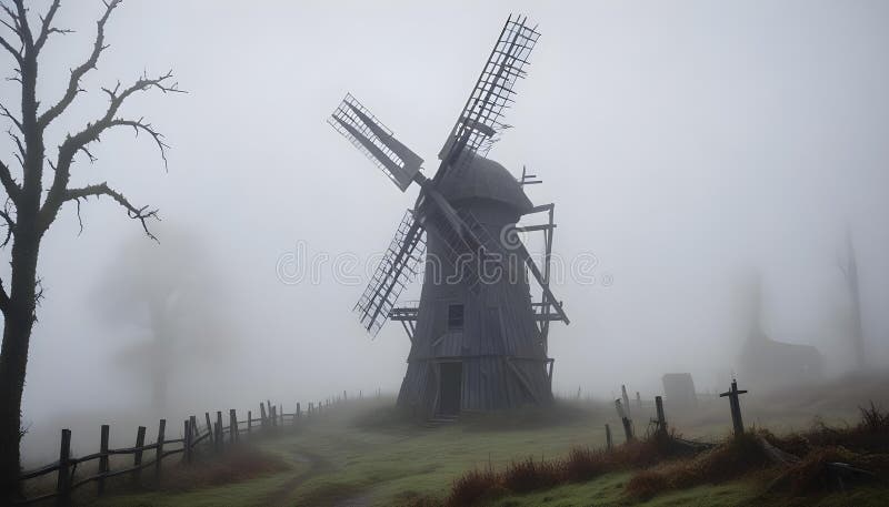 A Solitary Windmill Pierces through Dense, Ghostly Fog Stock ...