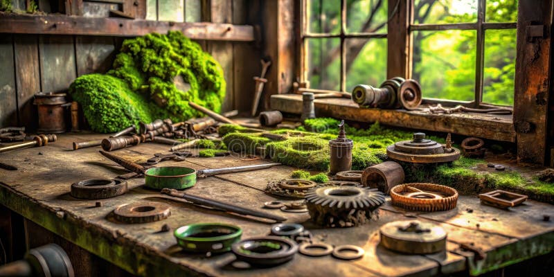 Abandoned Workshop Sunlit Rustic Workbench Covered in Moss with ...