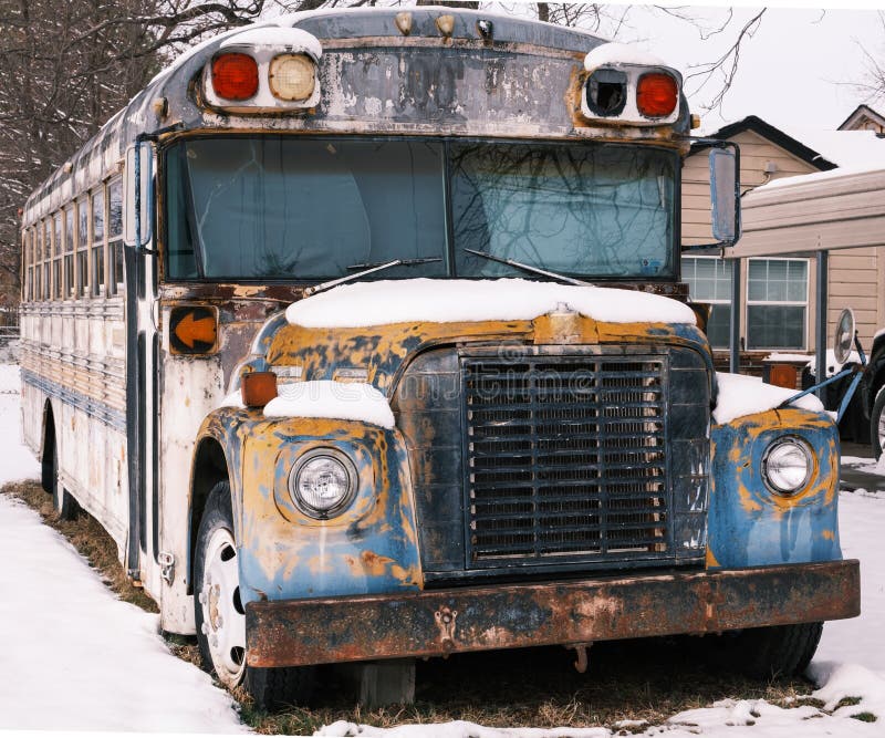 Front View of an Abandoned School Bus in the Snow Stock Photo - Image ...