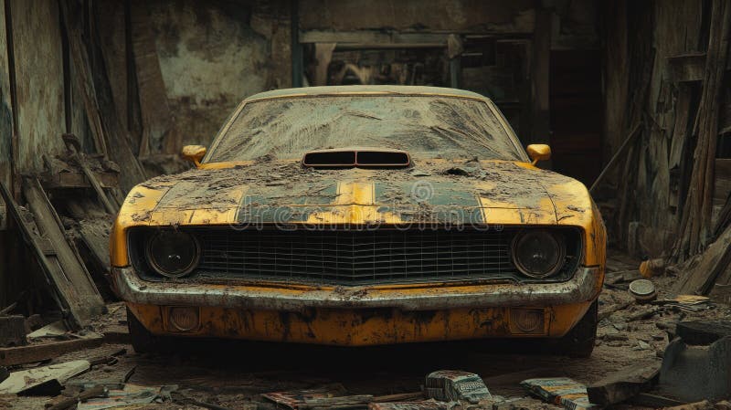 Abandoned Yellow Car in a Dusty, Dilapidated Garage Stock Illustration ...