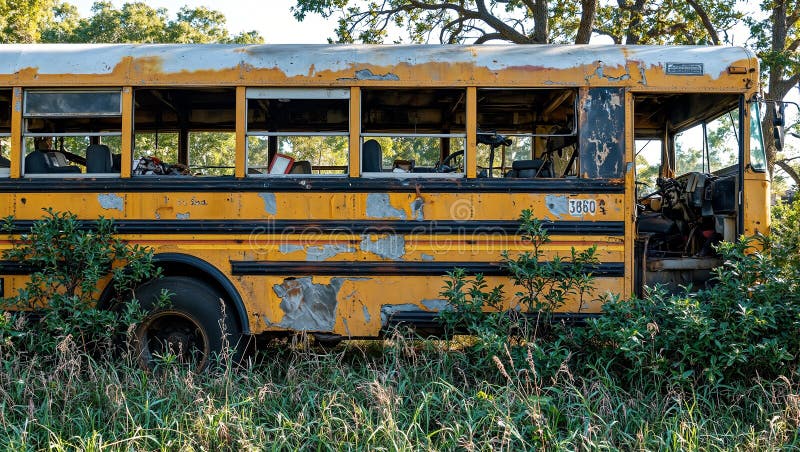 Abandoned Yellow School Bus with Rust and Overgrown Vegetation Stock ...