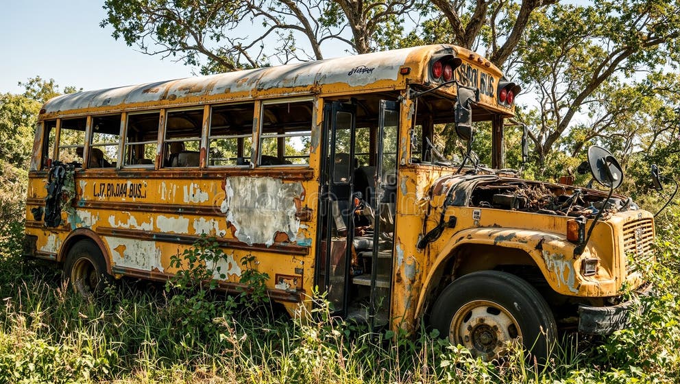 Abandoned Yellow School Bus with Rust and Overgrown Vegetation Stock ...