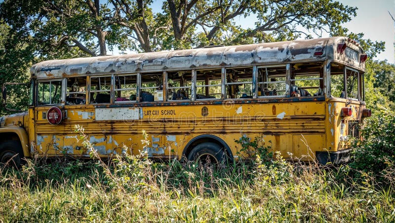 Abandoned Yellow School Bus with Rust and Overgrown Vegetation Stock ...