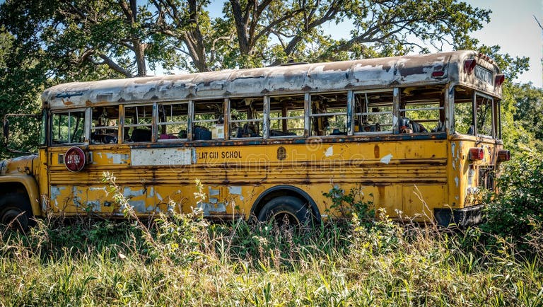 Abandoned Yellow School Bus with Rust and Overgrown Vegetation Stock ...
