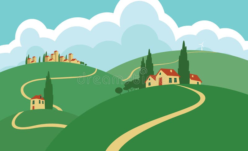 Paesaggio Con Le Colline, Gli Alberi Ed I Fiori Illustrazione di Stock ...