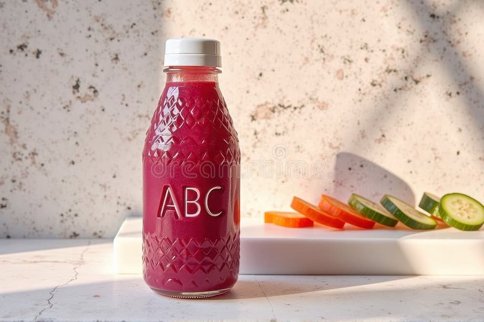 Abc Bottle of Vegetable Juice on Marble Surface with Sliced Veggies in ...