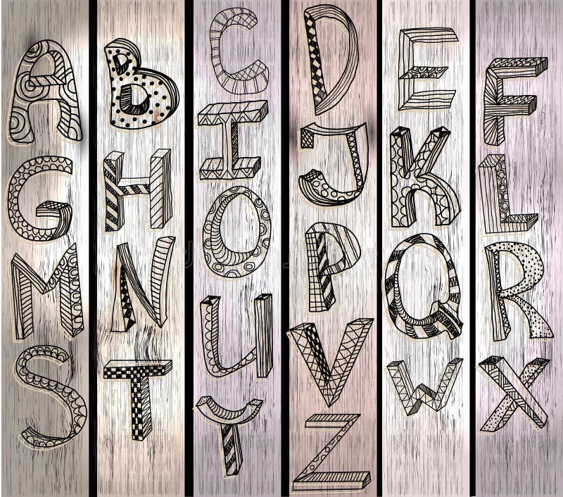 ABC, Hand Drawn Alphabet Over Wood Texture Stock Vector - Illustration ...