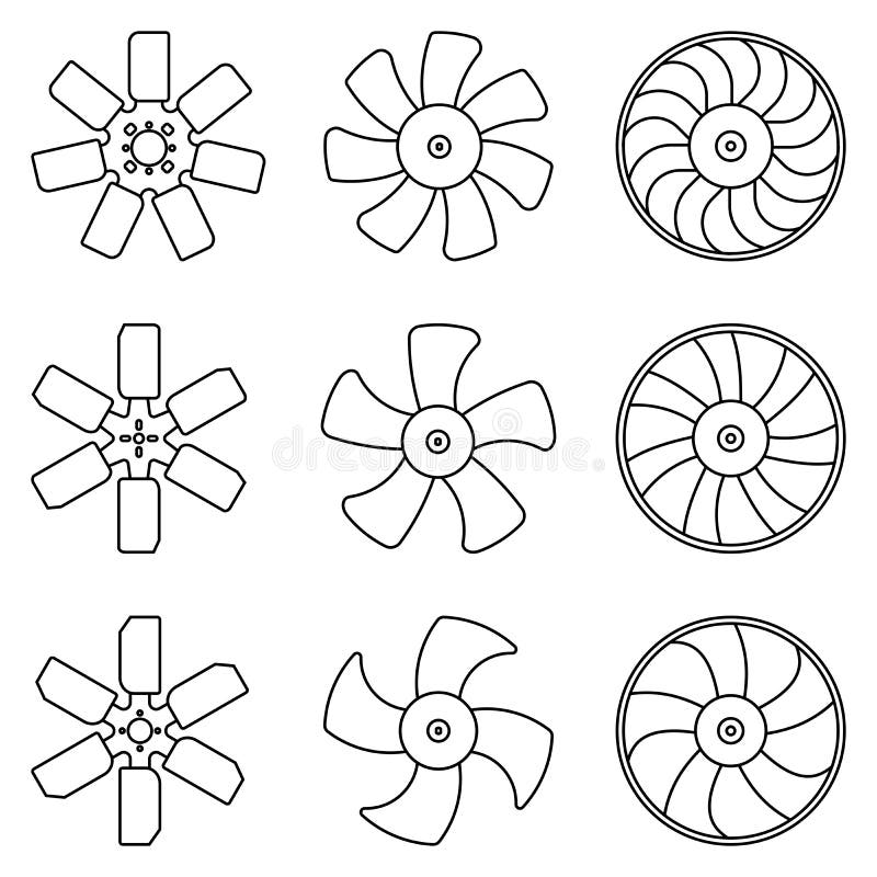 Cooling Fan Blade Icons Set. Car Parts. Vector Thin Line Stock Vector ...