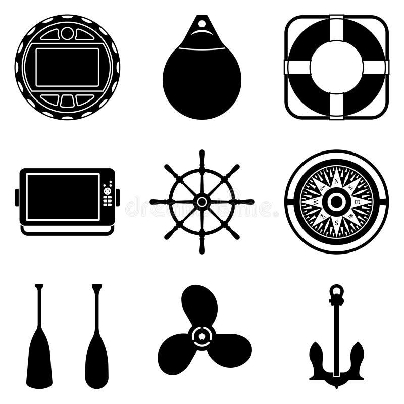 Set of Boat Accessories and Equipment. Silhouette Icons Stock Vector ...