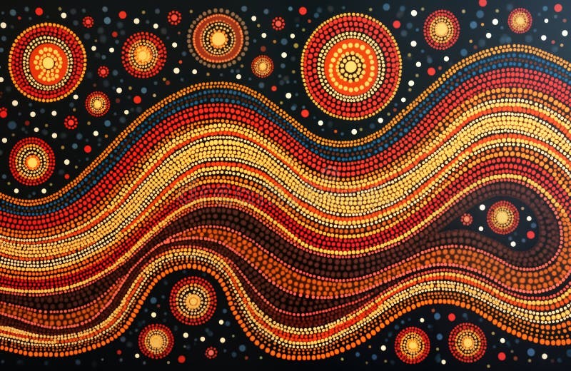Aboriginal Dot Painting Design with Warm Tones. Spirals, Waves Create ...
