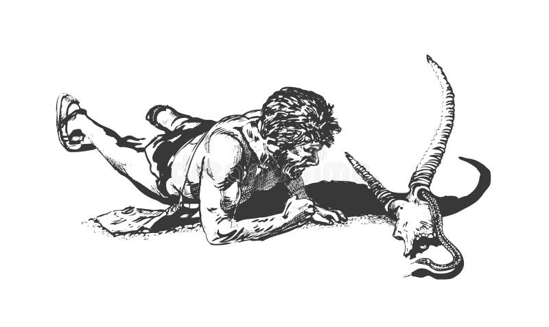 An Aboriginal Man in a Hide with the Skull of an Animal. Graphic Hand ...