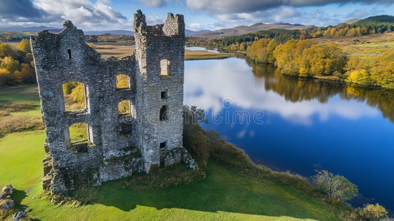 From Above, Ancient Castle Ruins Sit on a Hill, Embraced by Fall ...