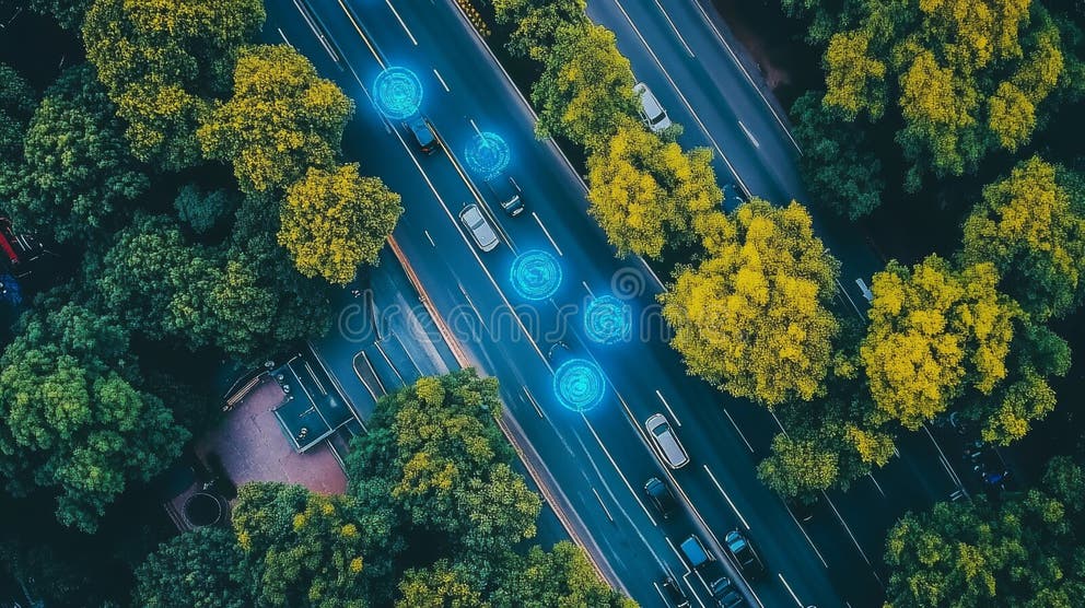 From Above, Autonomous Vehicles are Seen Navigating a City Intersection ...