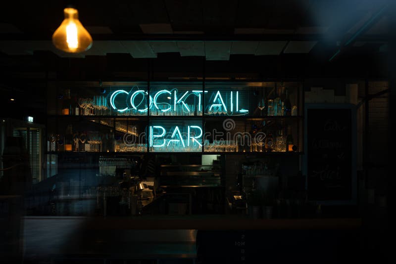 Above a Bar is Written in Illuminated Letters Cocktail Bar Stock Image ...