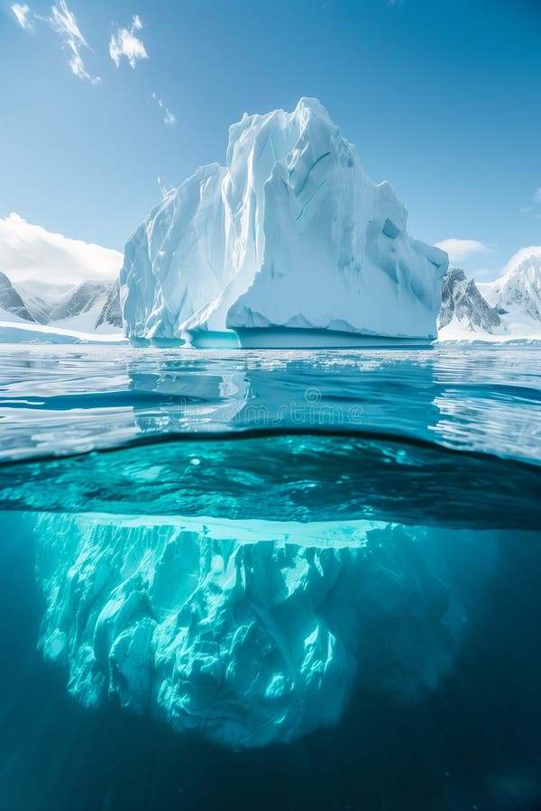 Above and Below: Split View of White Iceberg Floating in Clear Blue Sea ...