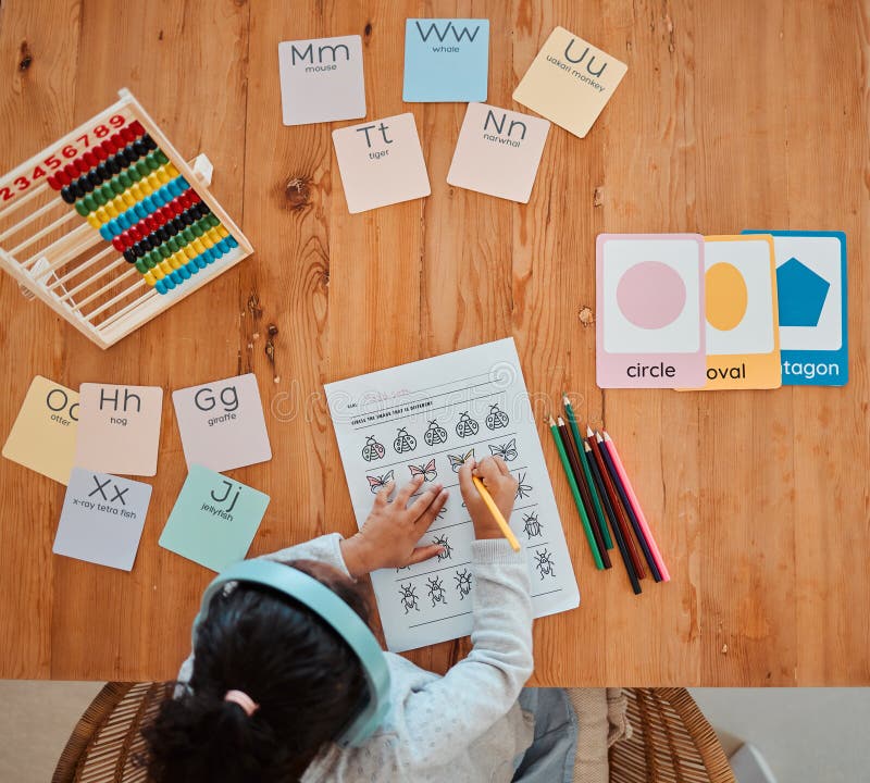 Above, Child and Girl Writing on Table for Homework or Remote Learning ...