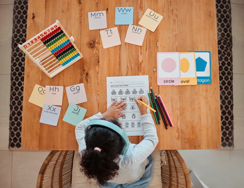 Above, Child and Girl Writing on Table for Homework or Remote Learning ...