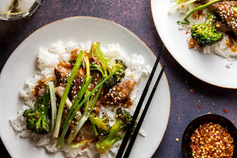 Above Close Up View of Plates of Mongolian Beef with Rice. Stock Photo ...