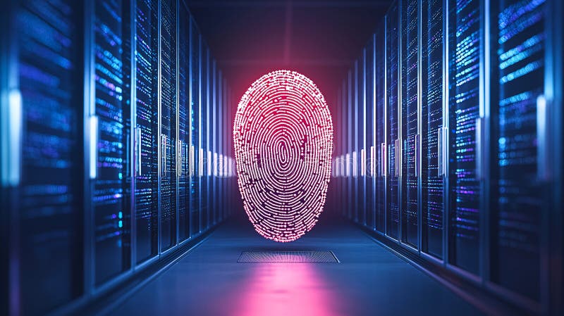 Above a Computer Screen Brimming with Code, a Giant Fingerprint Hovers ...