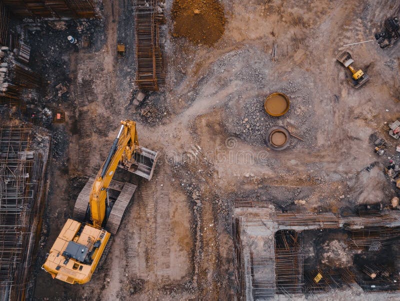 Aerial View of a Bustling Construction Site with Heavy Machinery and ...