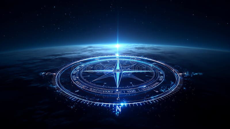 Above Earth, Radiant Holographic Compass in Space, Symbolizing Future ...