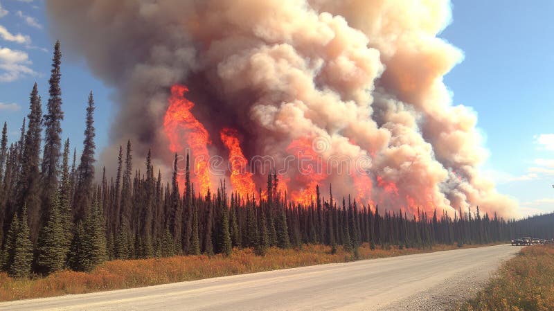 From Above, a Forest Fire is Seen Burning Trees and Grass, Naturally ...