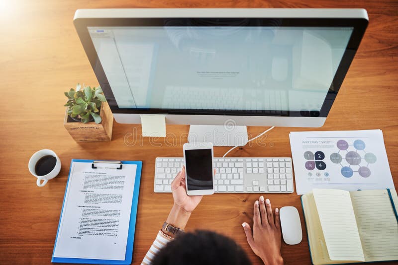 Above, Hands and Technology with Computer Screen, Mockup Space and ...