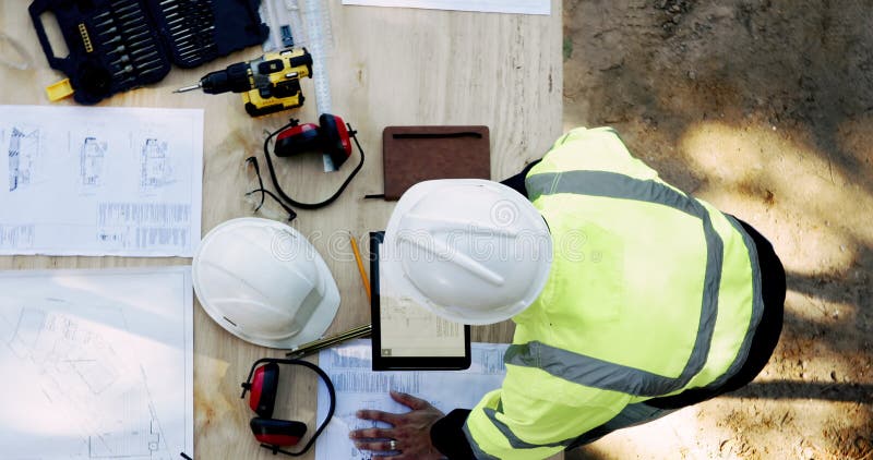 Above, Man and Paper on Construction Site for Planning, Urban ...