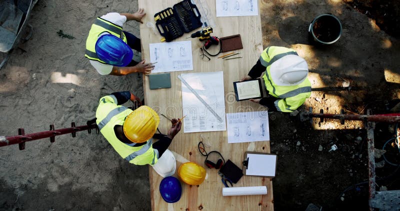 Above, Men and Paper on Construction Site for Planning, Urban ...