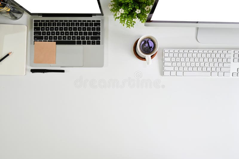 Above Office Desk with Computer PC and Laptop Computer with Office ...