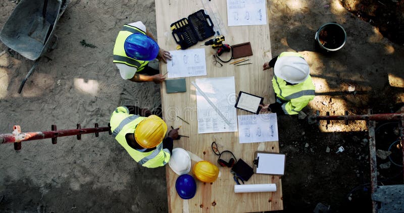 Above, People and Paper on Construction Site for Planning, Urban ...
