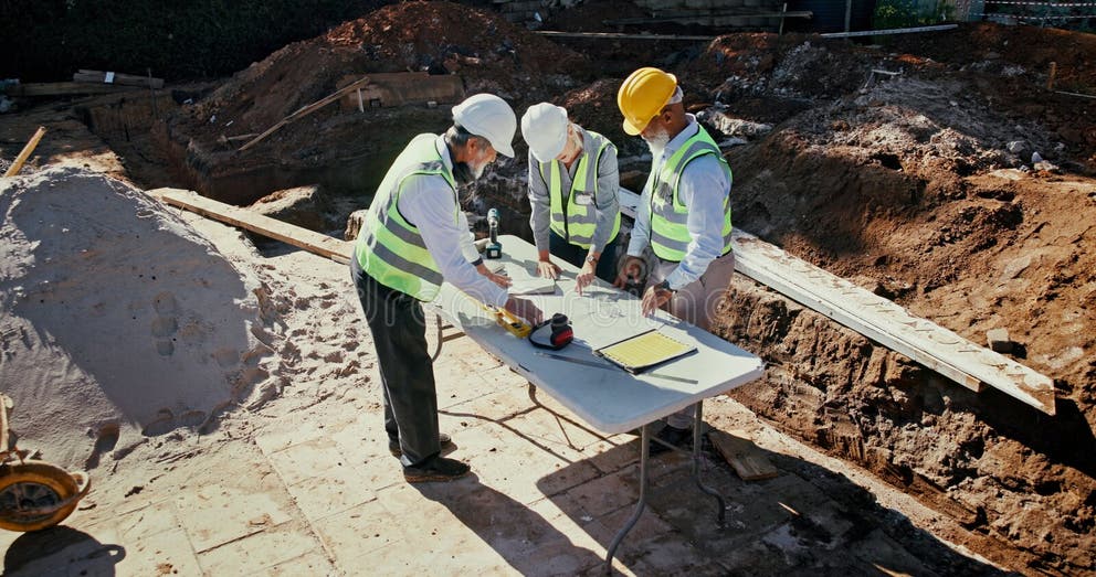 Above, People and Team on Construction Site for Planning, Check ...
