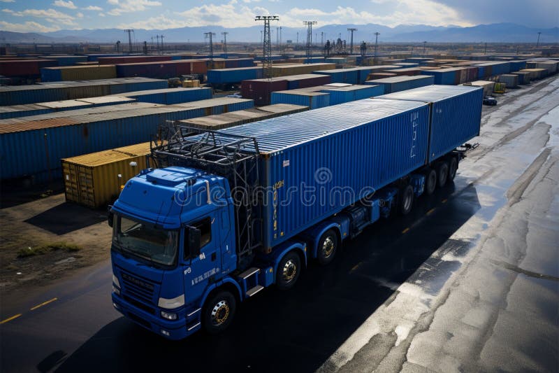 From Above Semi Trailer Truck with Cargo Container on Blue Stock ...