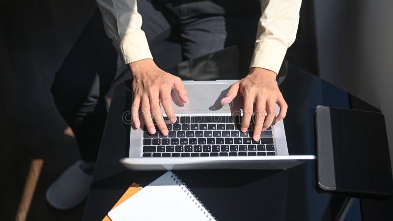 Above Shot Man Typing on Laptop Computer. Stock Photo - Image of hand ...