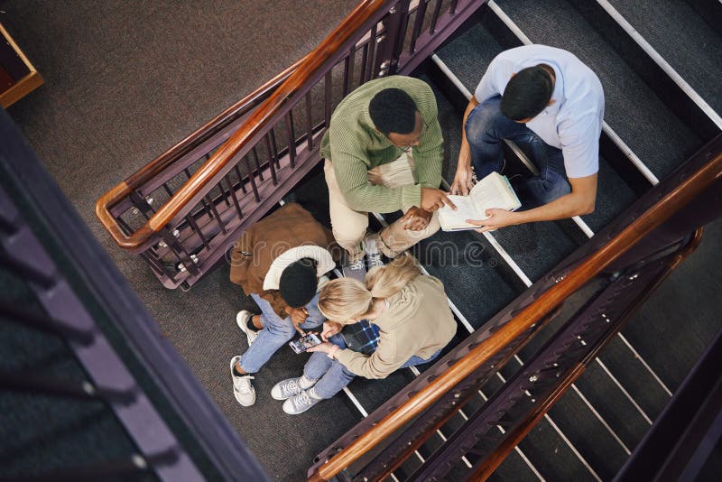 Above, Student Group and Stairs for Study Together, Thinking and ...