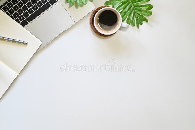 Above Table Office Desk with Laptop, Coffee, Notebook and Pen with Copy ...