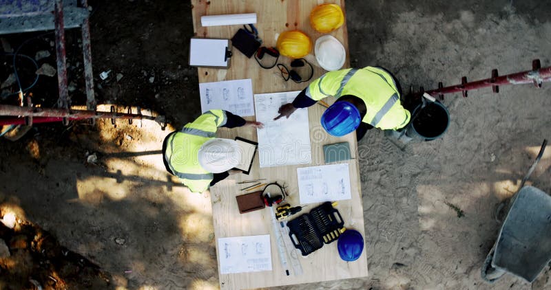 Above, Team and Paper on Construction Site for Planning, Urban ...