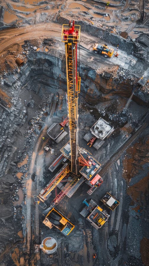 From Above, a Towering Drill Rig Dominates the Rugged Terrain of an ...