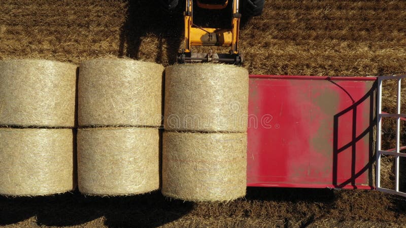 Above View of Agricultural Field, Collecting Round Bales of Straw Stock ... Above View of Agricultural Field, Collecting Round Bales of Straw Stock ...
