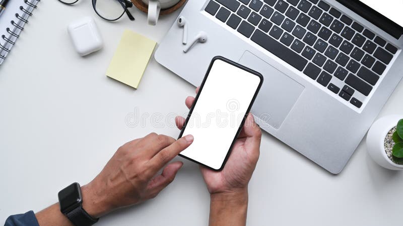 Top View Businessman Using Smart Phone at Office Desk. Stock Image ...