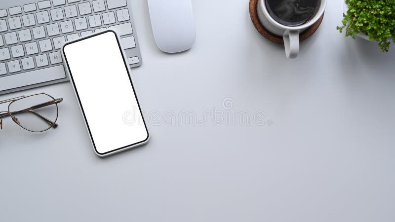Top View Businessman Using Smart Phone at Office Desk. Stock Image ...