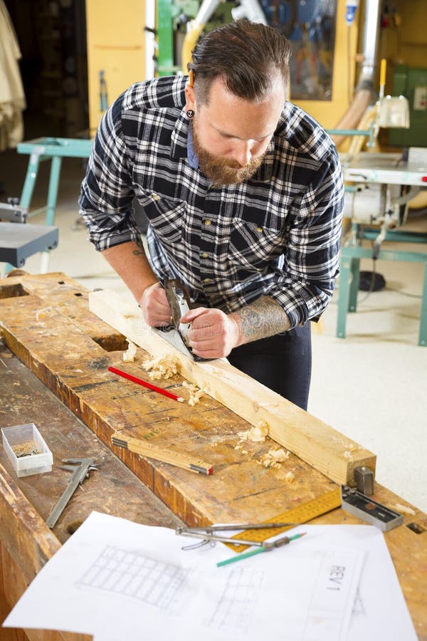 Above View of Carpenter Work with Plane on Wood Plank in Workshop Stock ...