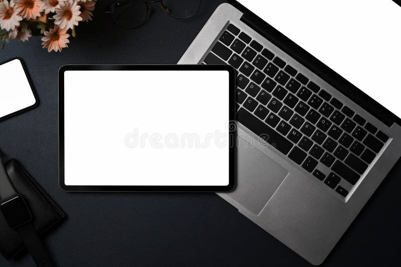 Dark Modern Workspace with Digital Tablet, Laptop Computer and Smart ...