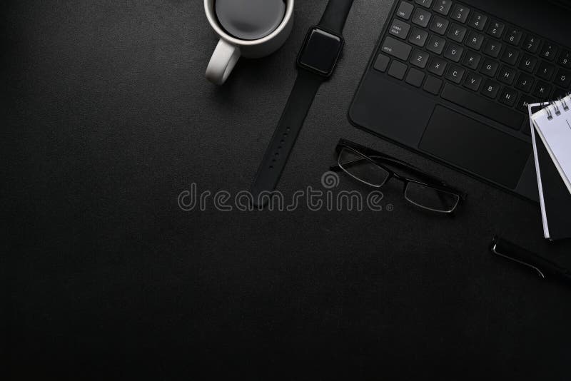 Dark Workspace with Black Equipment and Copy Space on Black Leather ...