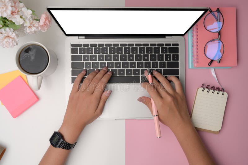 Female Working with Computer Laptop at Creative Workspace. Stock Photo ...